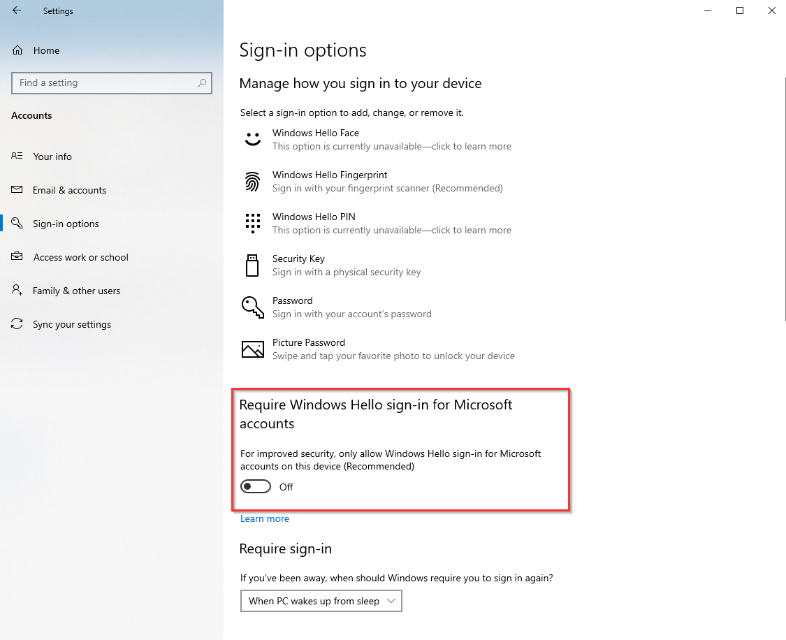 "Require Windows Hello sign-in for Microsoft accounts" Not present ...