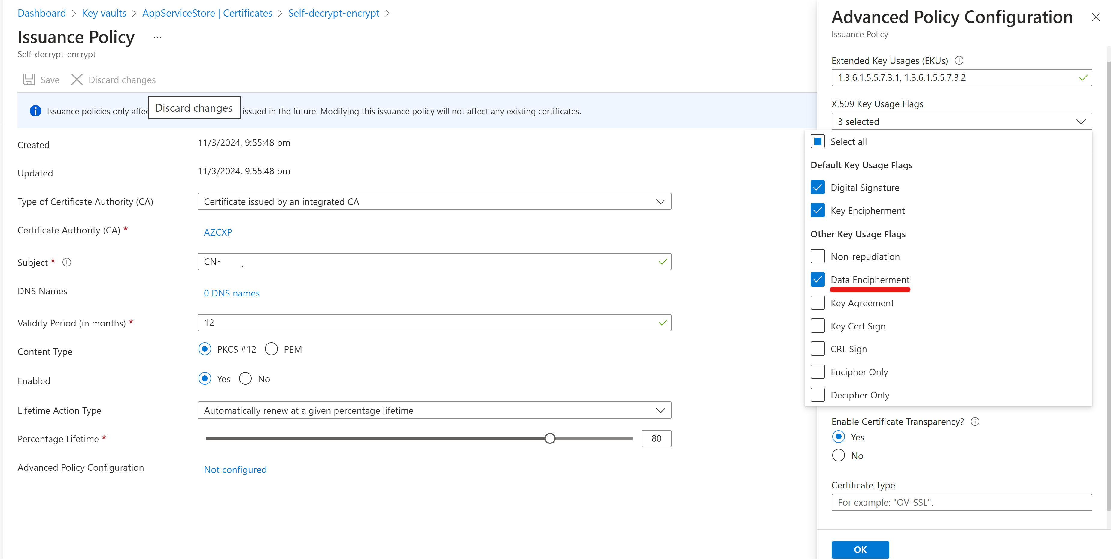 Certificate "Data encipherment" key usage flag removed by CA but Key Vault decryption still ...