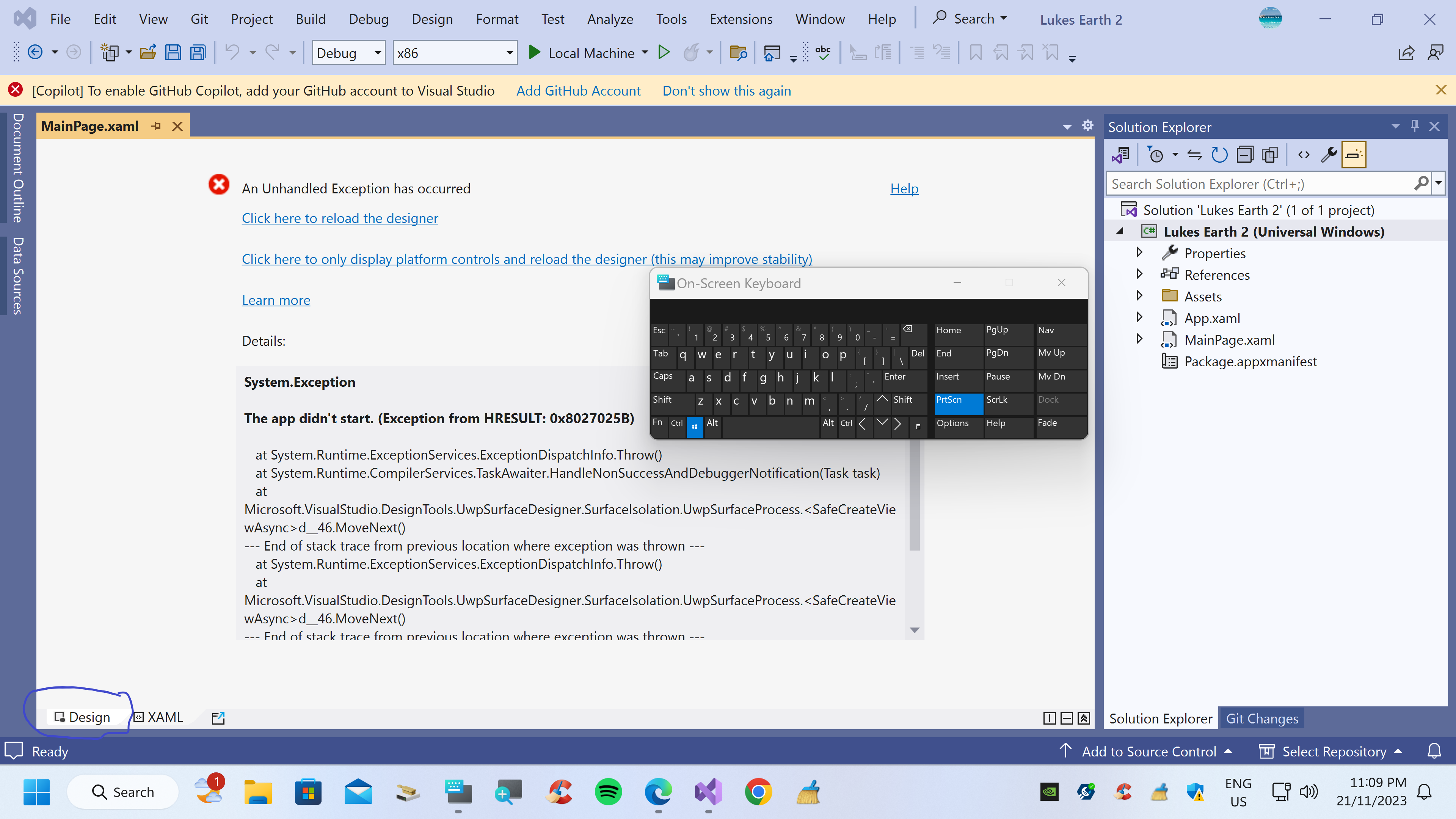 On my visual studio community 2022 I have this error on my uwp app on Design on MainPage.xaml ...