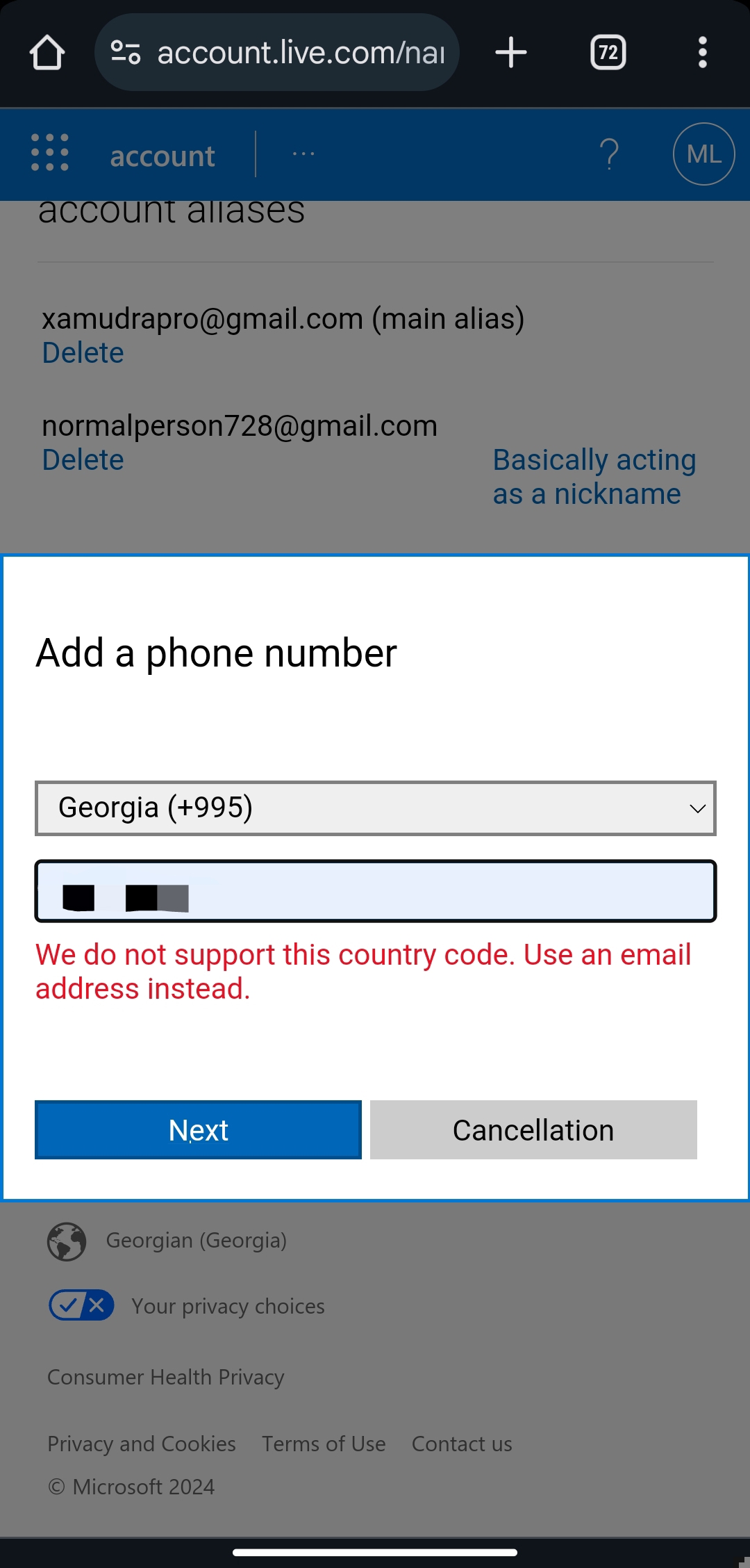 Unable to add phone number due to unsupported country - Microsoft Q&A