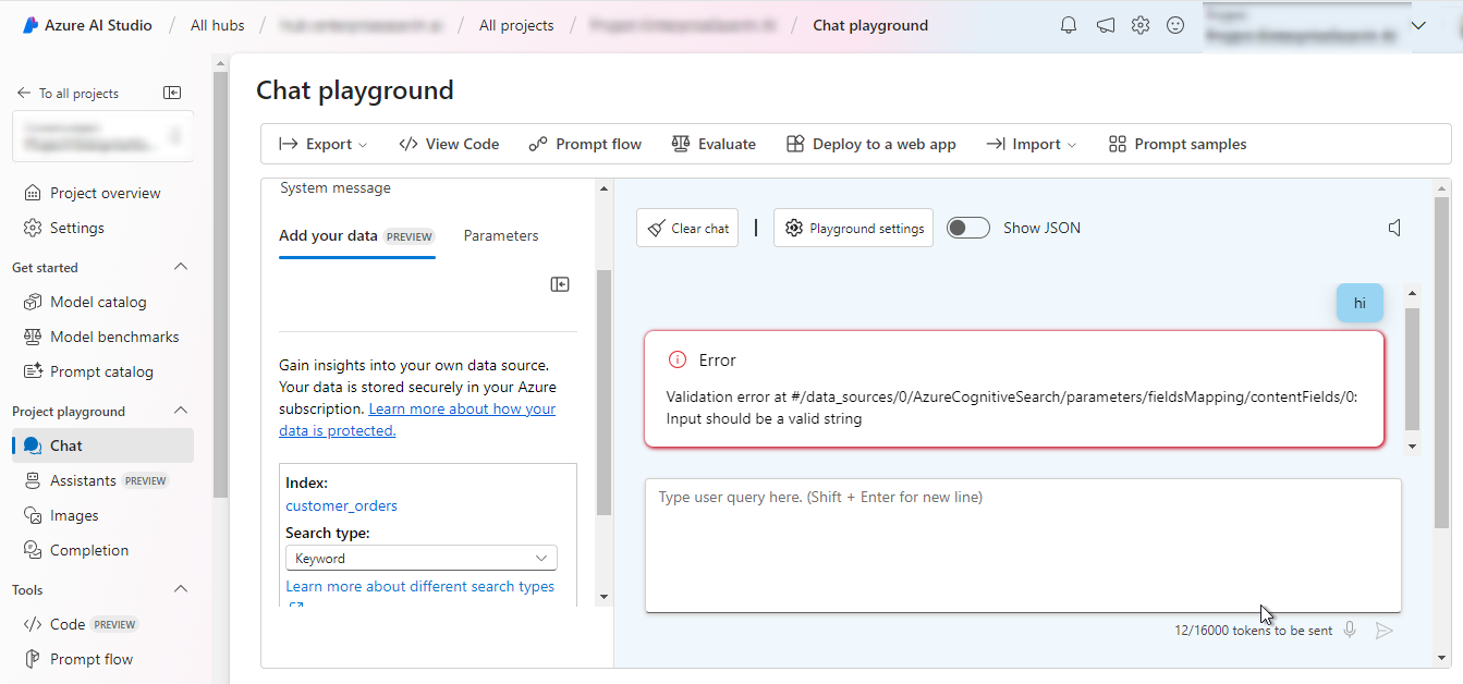 Azure AI Studio Chat Ground issue with configuring Azure AI Search ...