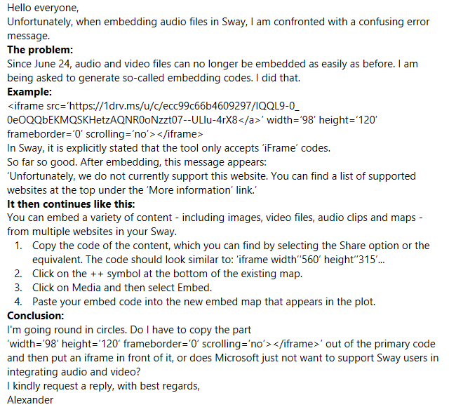 How can I embed audio and video files in Sway when I get an error message despite using the ...