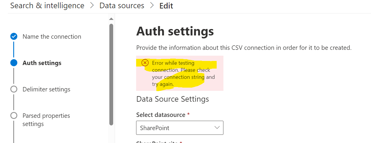 CSV connector in the search and intelligence section of the 365 admin center shows "Check ...