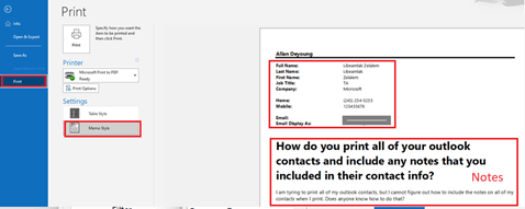 How do you print all of your outlook contacts and include any notes ...