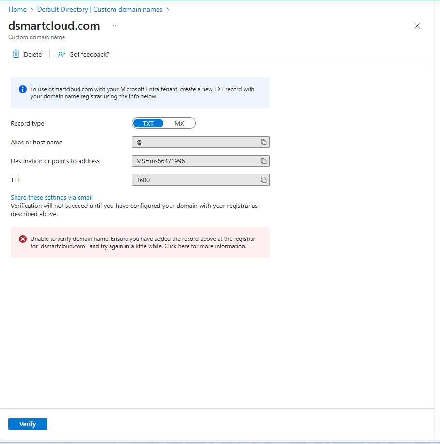Unable to Verify Custom Domain in Azure Despite Valid TXT Record Propagation - Microsoft Q&A