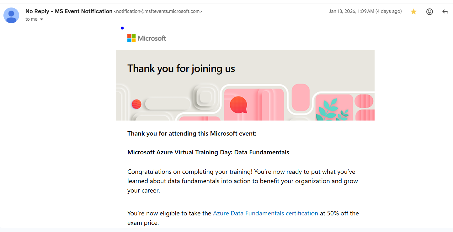 Voucher Code didnt recevied from Microsoft after attending Azure Data ...