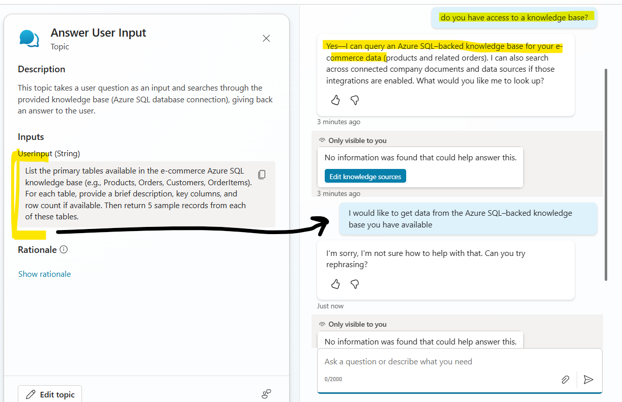 Copilot Studio – Azure SQL Knowledge Source Connected but Agent Cannot ...