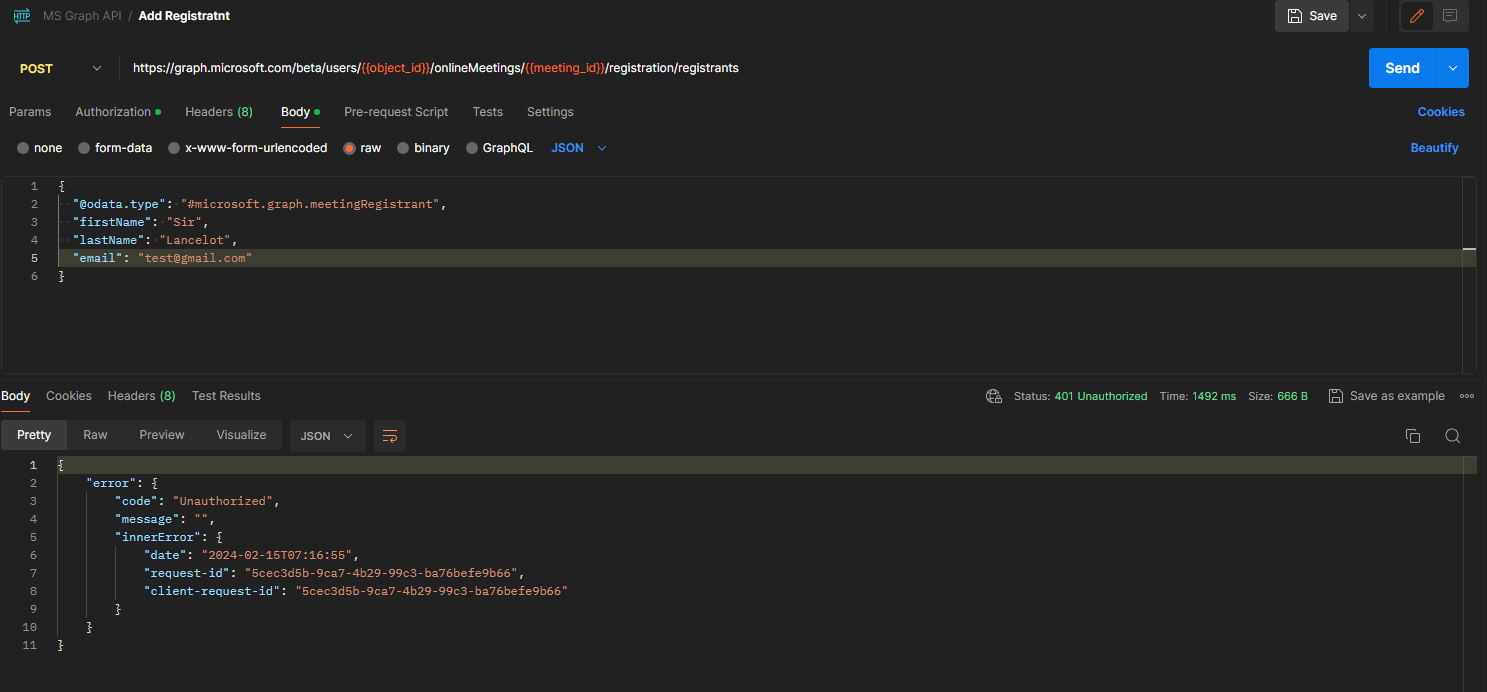 Adding registrant to a meeting return 401 Unauthorized error https://graph.microsoft.com/beta ...