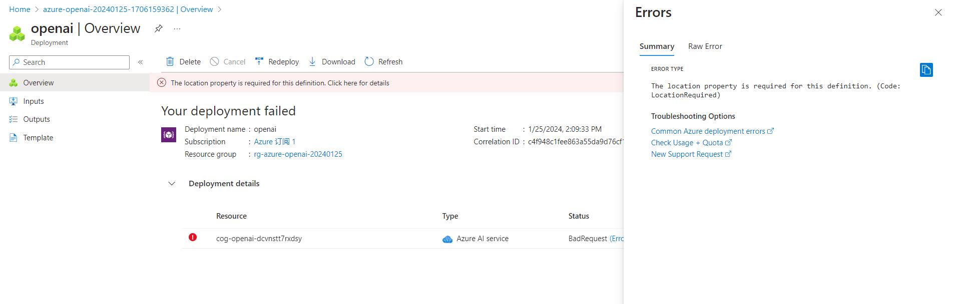 The specified scale type 'Standard' of account deployment is not supported by the model 'gpt-4 ...