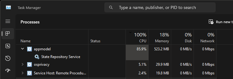 Windows 11 Pro - appmodel process very high CPU usage - Microsoft Q&A