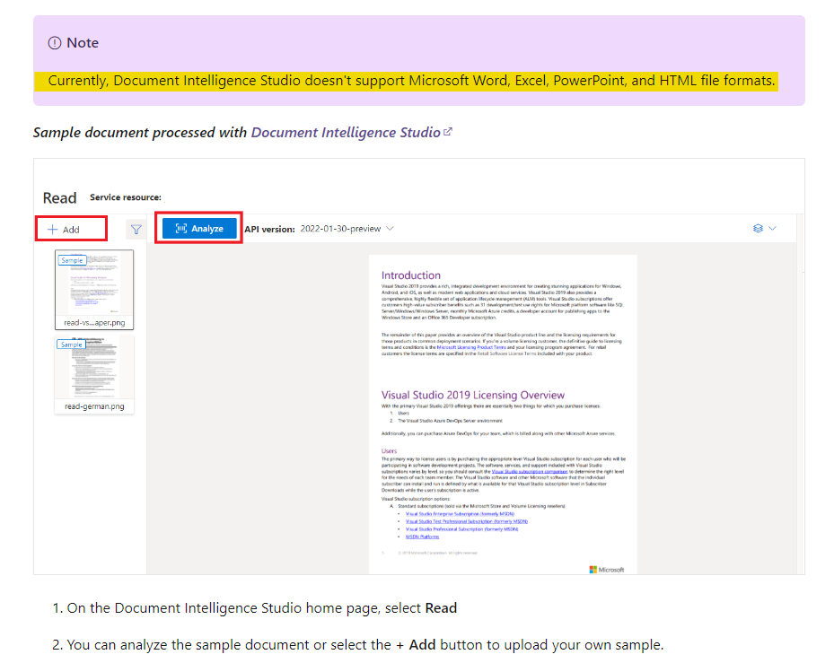 Form Recognizer Studio - Roadmap for microsoft office files xslx docx, and free text files txt ...