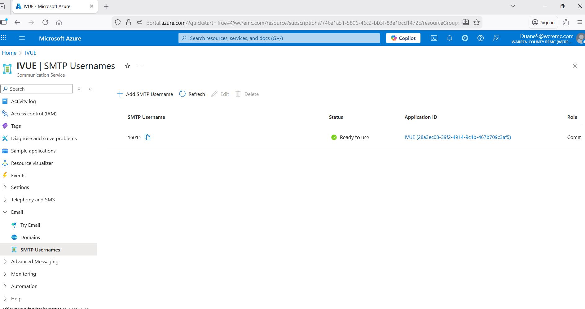 Trying to set up Azure for SMTP email. SMTP Username generation tells ...