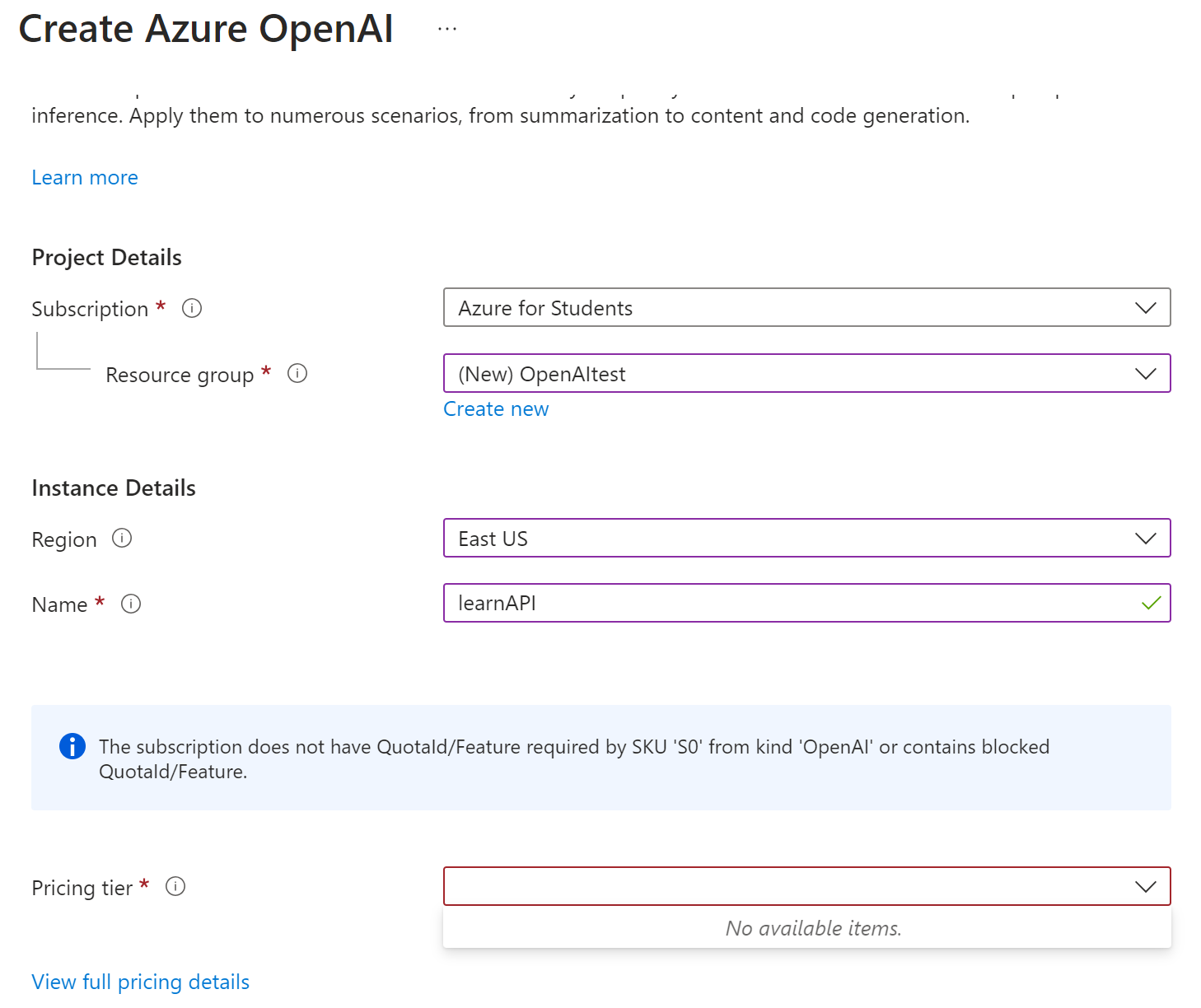 The subscription does not have QuotaId/Feature required by SKU 'S0' from kind 'OpenAI' or ...