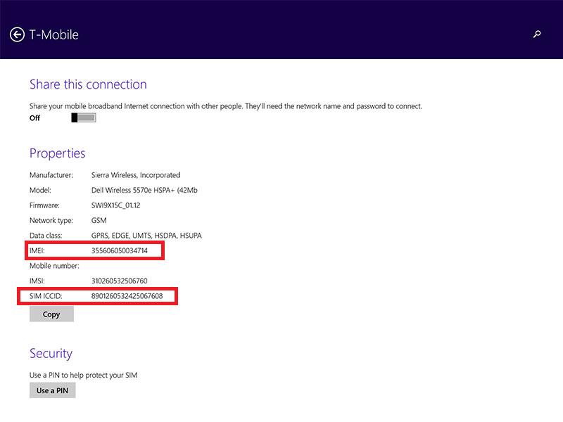 IMEI number for surface pro-----where is it? the setting charm does NOT ...