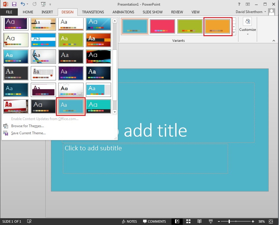 PowerPoint 2013 - Design/Themes - Theme title changes after choosing ...