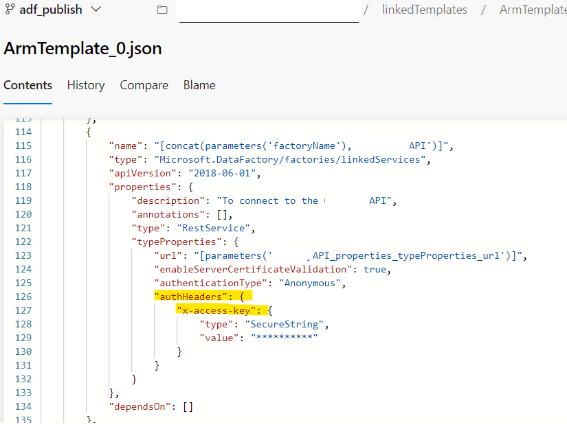 ADF REST API Auth header parameters not showing up in other environments which are not connected ...