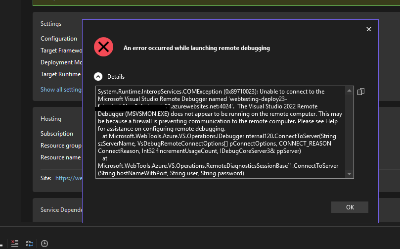 Unable to connect to the Microsoft Visual Studio Remote Debugger. - Microsoft Q&A