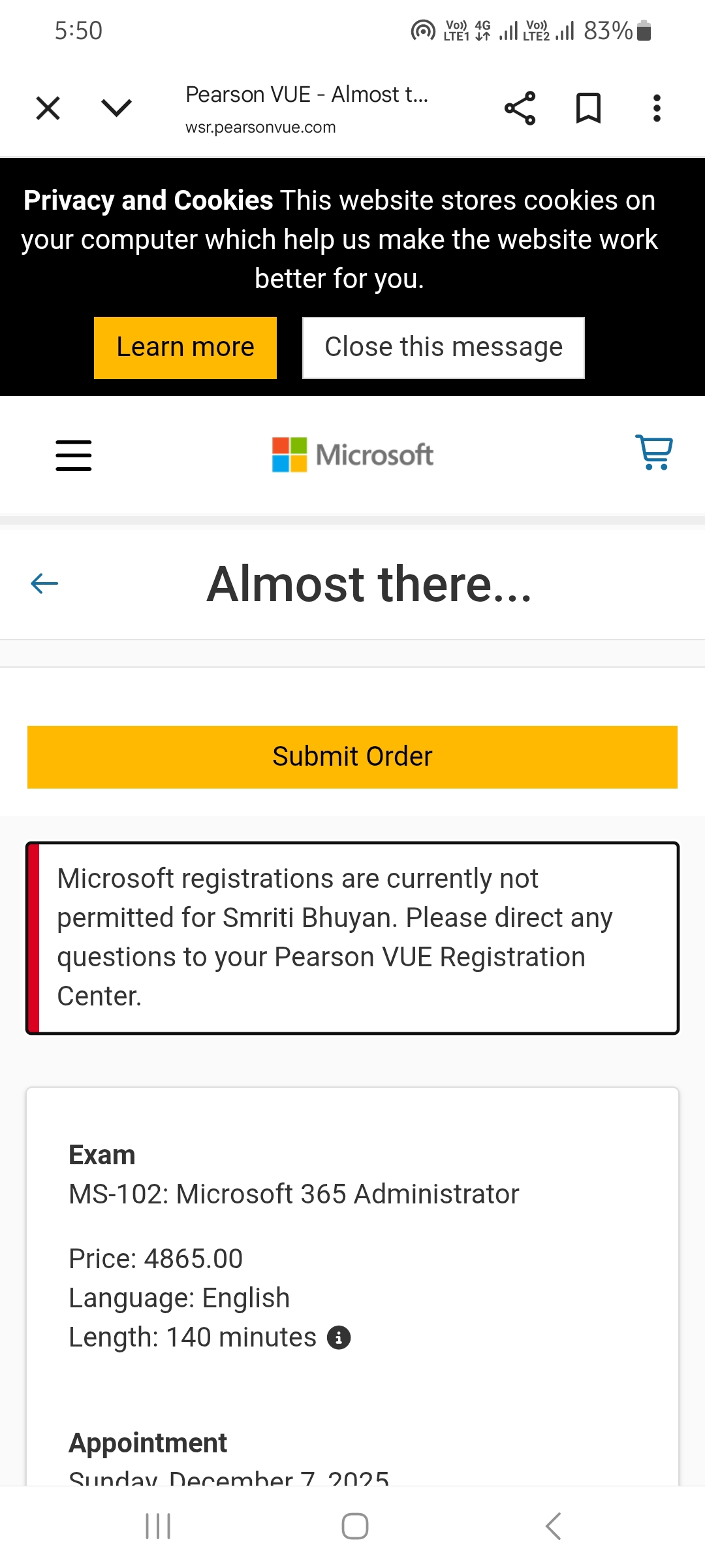 I am unable to enrol to MS 102 exam - Microsoft Q&A