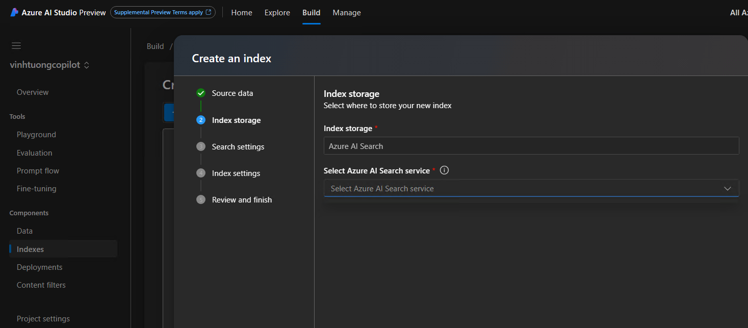 Not able to select Azure AI Search Service in Azure AI Studio Playground - Microsoft Q&A