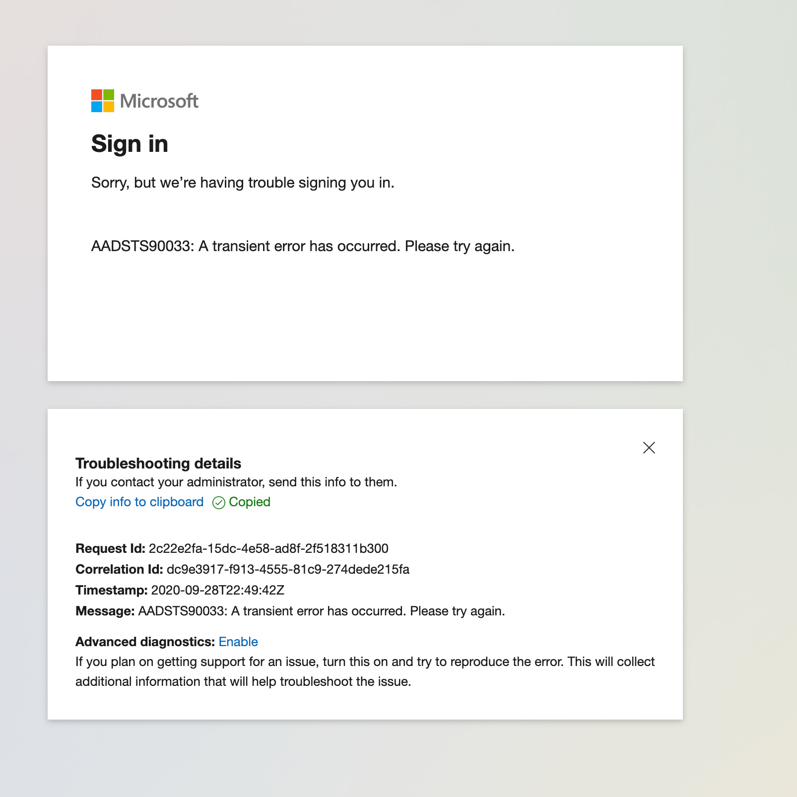 I am unable to login to 0365. Getting "Transient Errors" - Microsoft Q&A