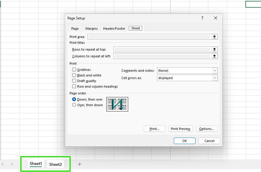 In Excel desktop, why are the sheet parameters in Page Setup grayed out ...