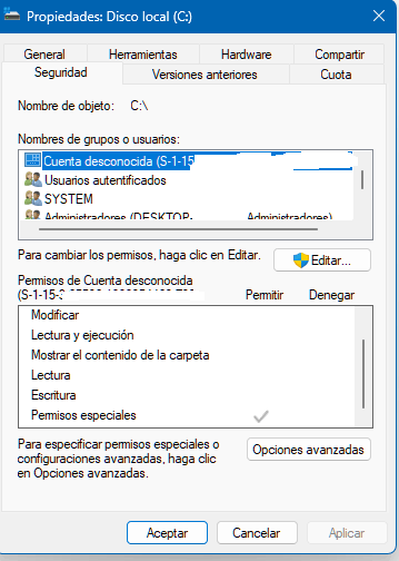 ¿Qué significa Cuenta desconocida (S-1-15-.........? - Microsoft Q&A