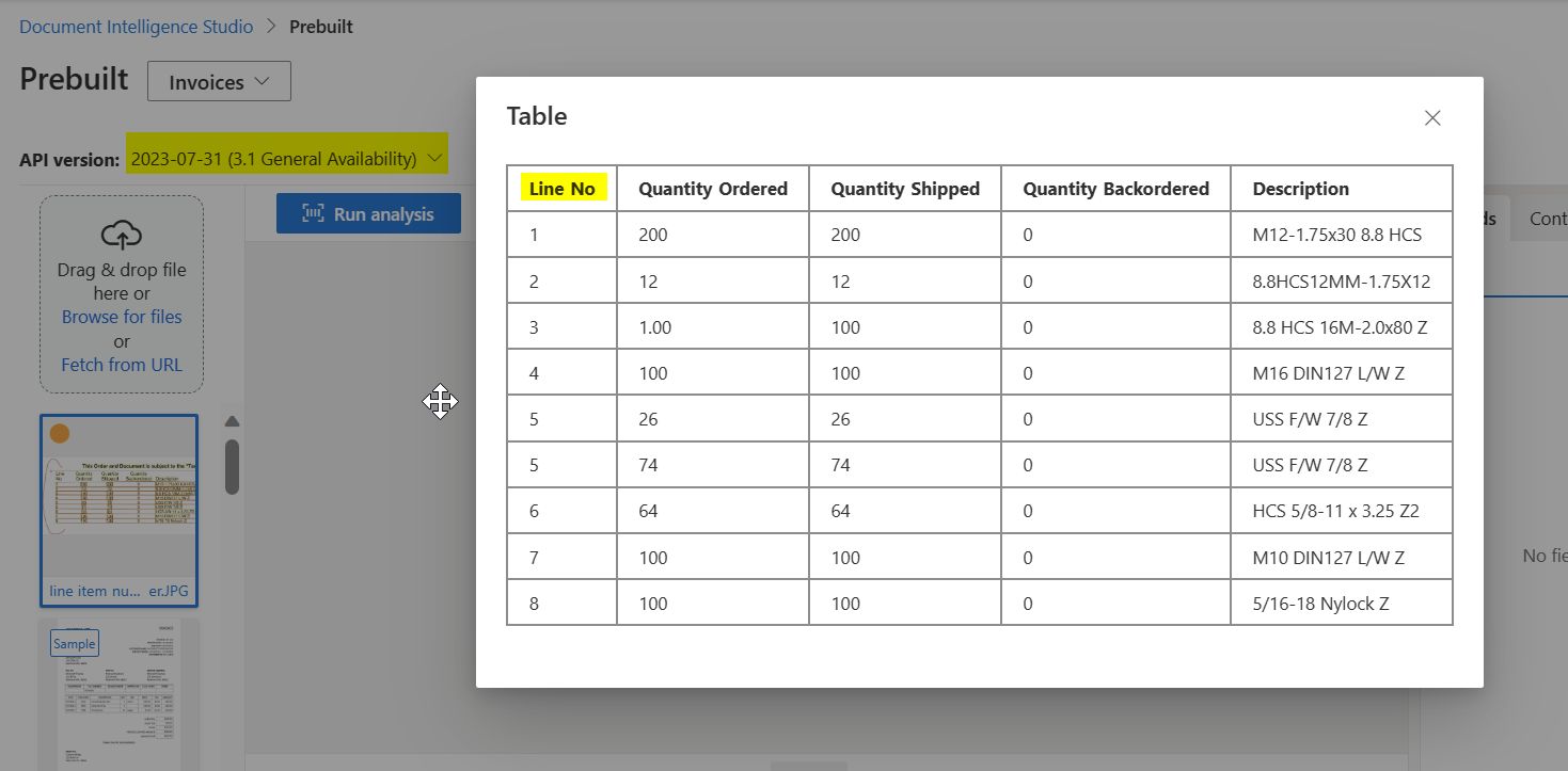 Is it possible that Form Recognizer can read out the line No from ...