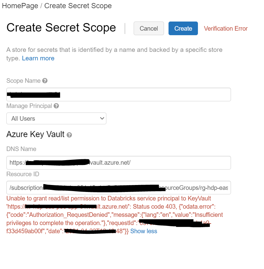 Azure Databricks Create Azure Key Vault Secret Scope Failed Microsoft Qanda
