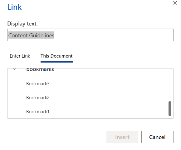 Unable to insert hyperlink; Insert option grayed out for headings and bookmarks - Microsoft Q&A