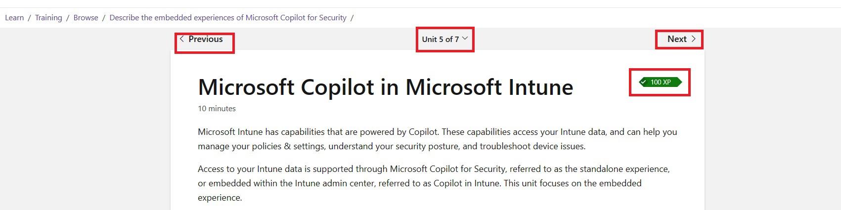 How do I successfully complete the "Describe the embedded experiences of Microsoft Copilot for ...