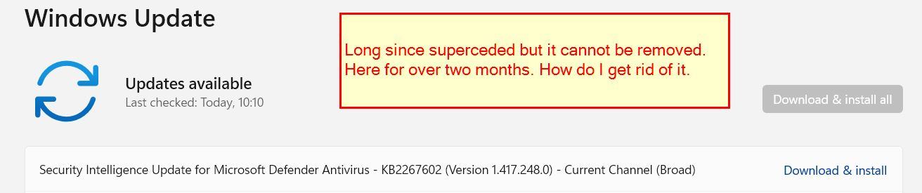 W11 Cannot remove failed Security Intelligence Update for 'Microsoft ...