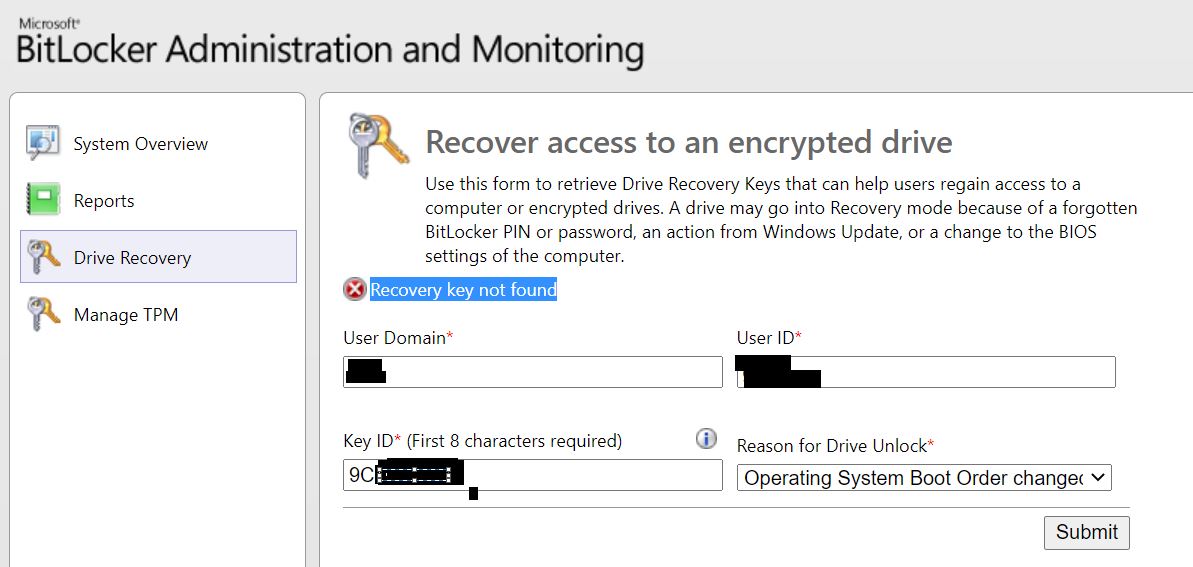 Recovery key not found - Microsoft Q&A