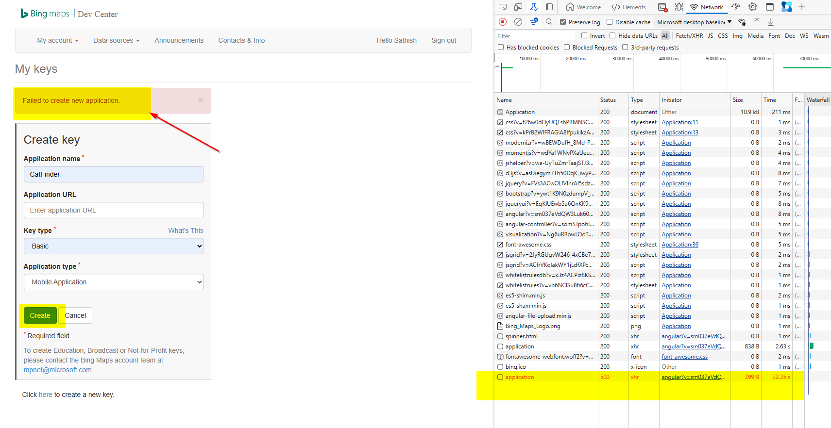 I can't create a Bing Maps API key, it keeps giving me the message ...