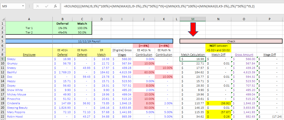 Excel formula to calculate 401k match with BOTH 401k AND Roth deferrals ...