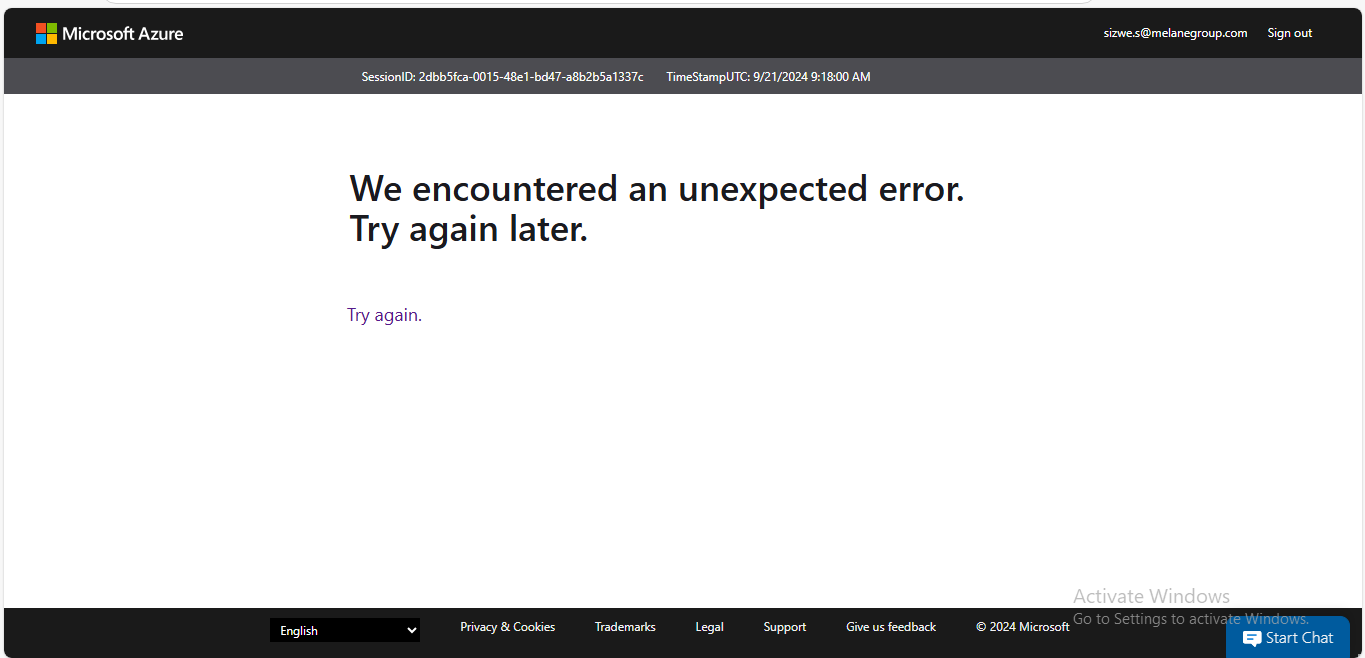 We encountered an unexpected error. Try again later when logging to ...