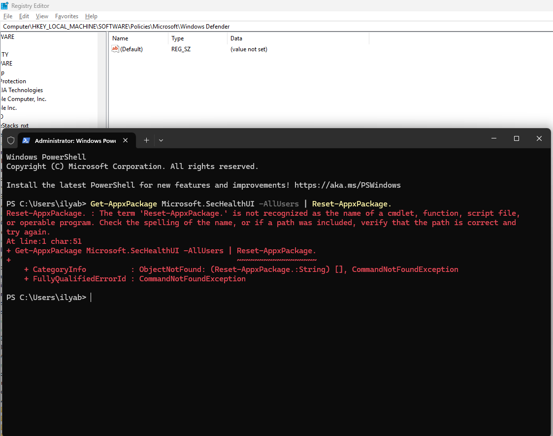 Reset-AppxPackage. : The term 'Reset-AppxPackage.' is not recognized as the name of a cmdlet ...