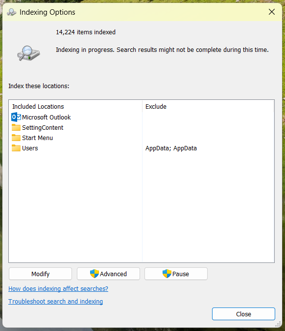 Indexing options takes forever - Microsoft Q&A