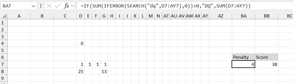 Trying to develop a formula for score sheet penalty total, or show DQ ...