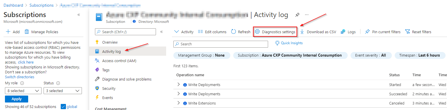 Send Azure subscription diagnostic to Log Analytic workspace in a 2nd subscription - Microsoft Q&A