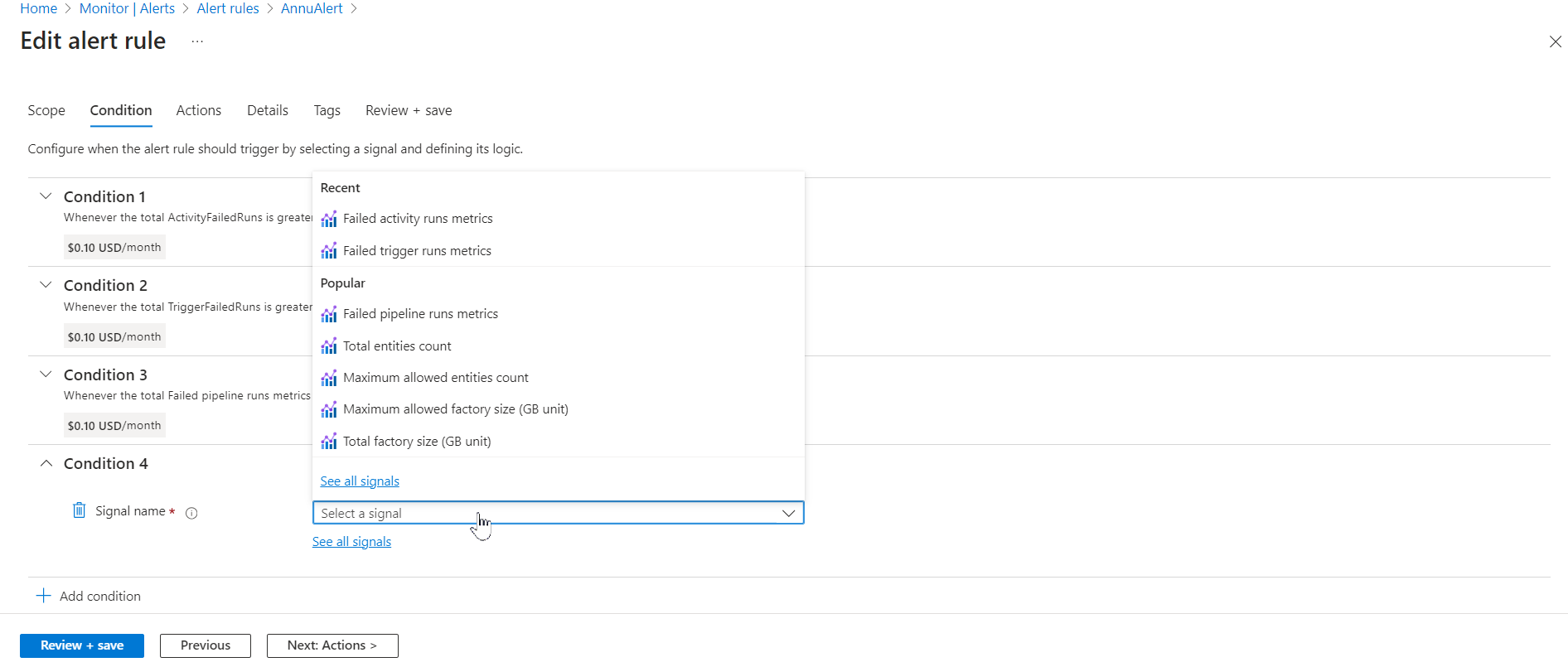 How to add multiple Add criteria (Succeeded pipeline runs metric and Failed pipeline runs ...