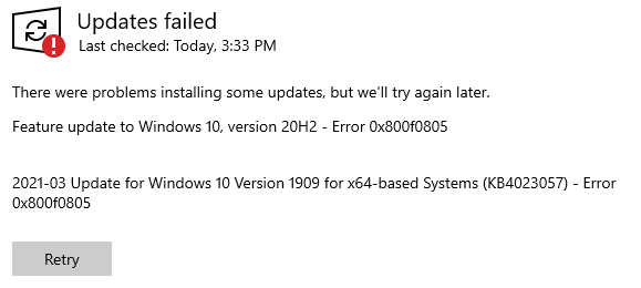 Windows 10 1909 update fails - Microsoft Q&A