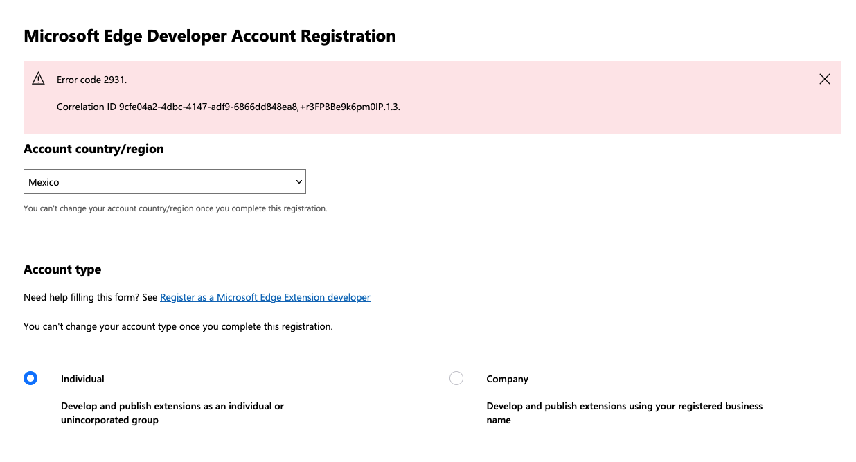Cannot register to Microsoft Edge Developer, I'm getting error code ...