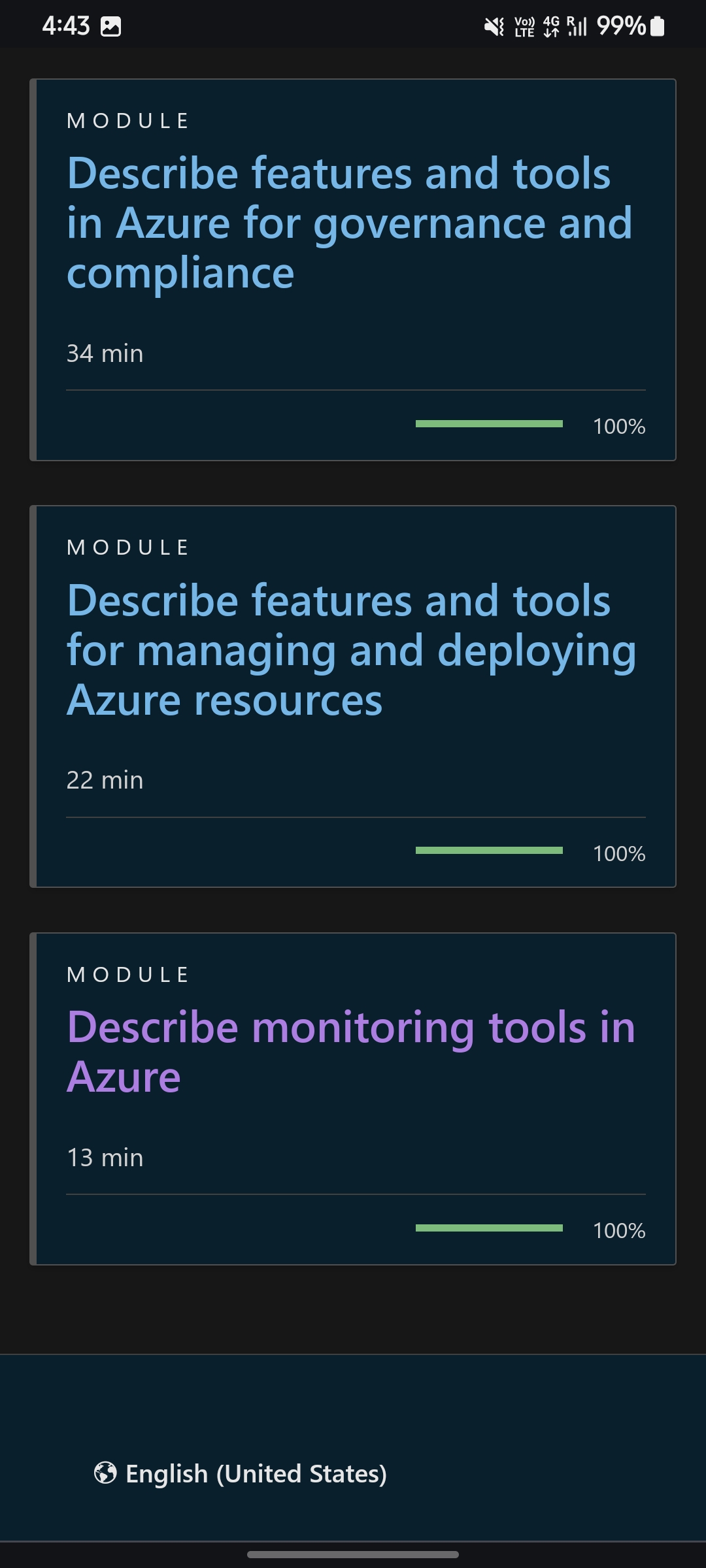 Already completed all the modules and also showing 100% but in the main ...