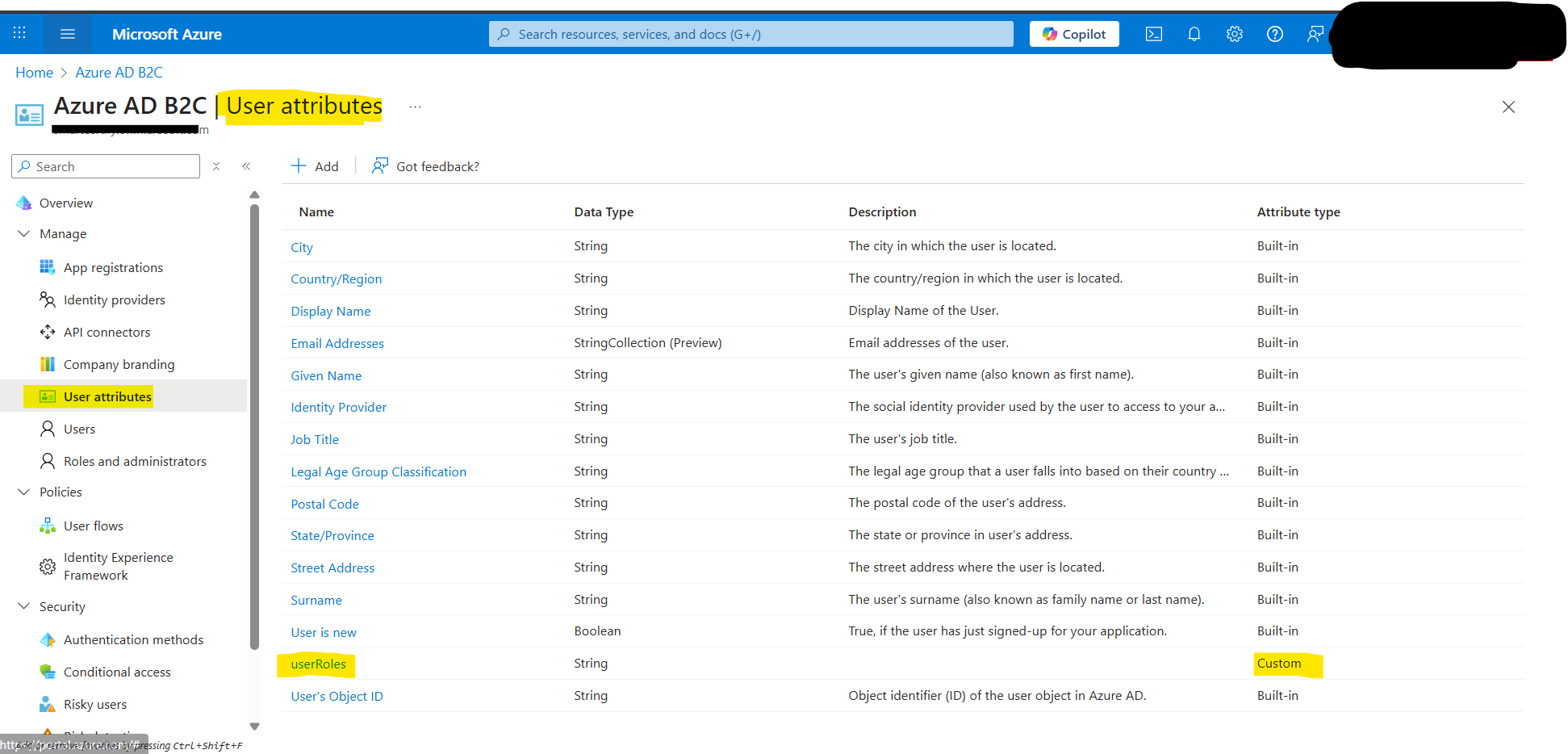 Unable to delete custom attribute (Azure AD B2C) - Microsoft Q&A
