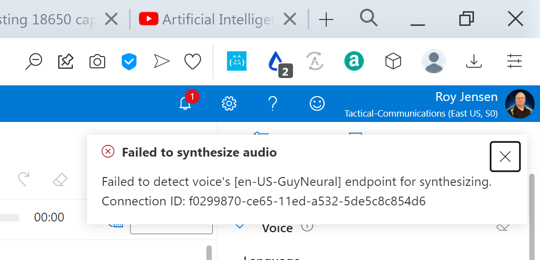 ERROR: Failed to detect voice's [en-USGuyNeural] endpoint for synthesizing. - Microsoft Q&A