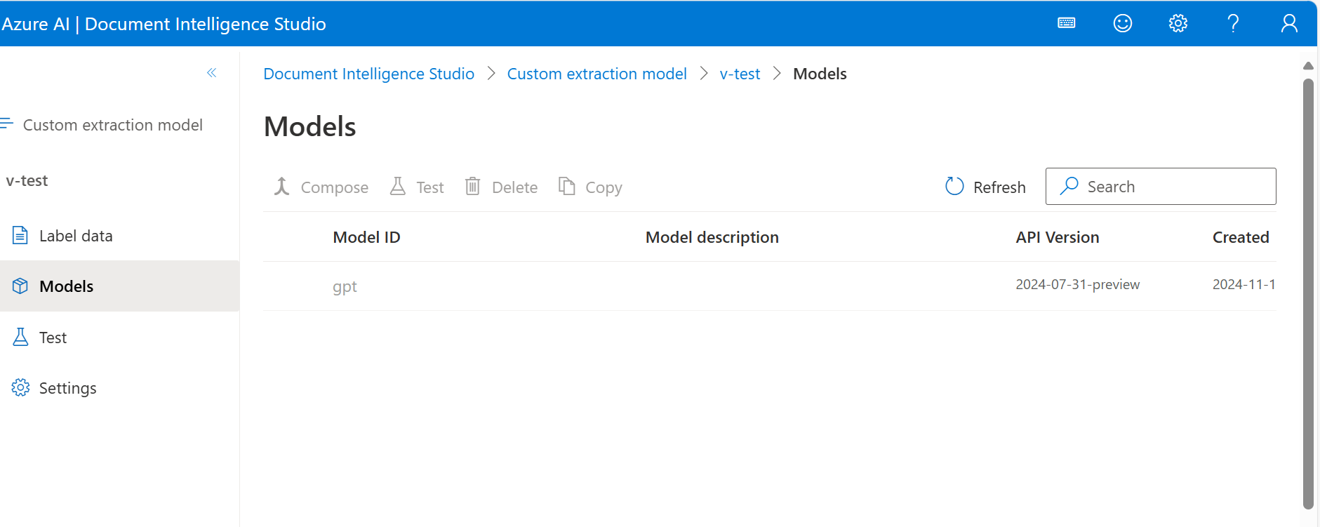 In document intelligence studio, I cannot train a custom model because it already exists, but it ...