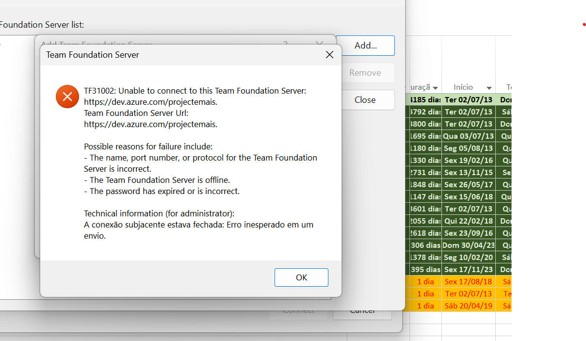 Estou com erro para conectar no Azure DevOps Boards pelo Microsft ... Estou com erro para conectar no Azure DevOps Boards pelo Microsft ...