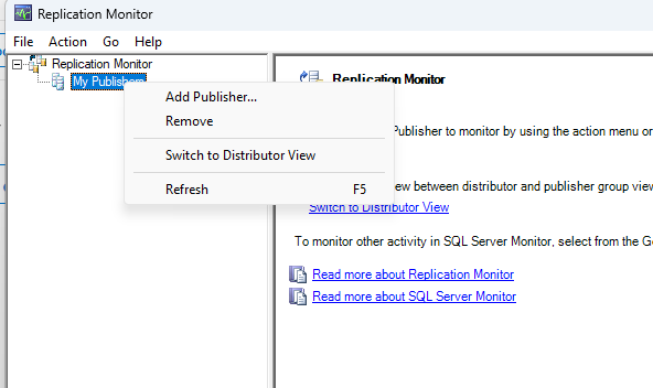 SSMS 20.0 doesn't allow to add publisher on Replication Monitor ...