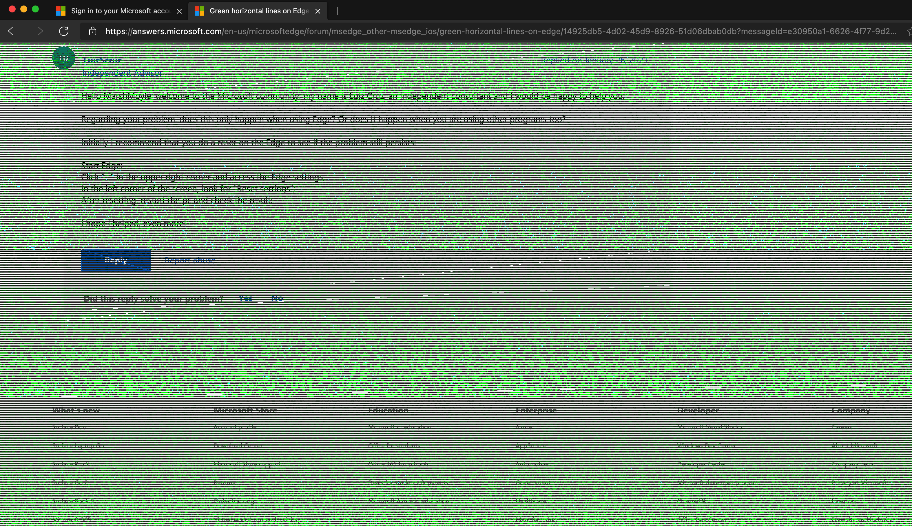 Green horizontal lines on Edge - Microsoft Q&A
