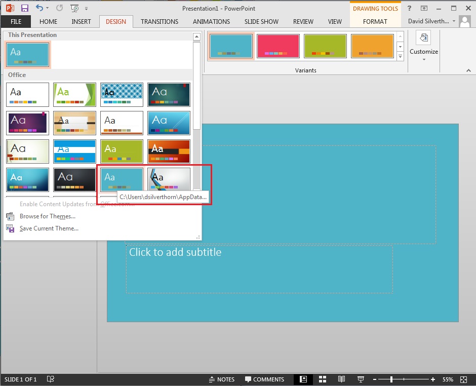 PowerPoint 2013 - Design/Themes - Theme title changes after choosing ...